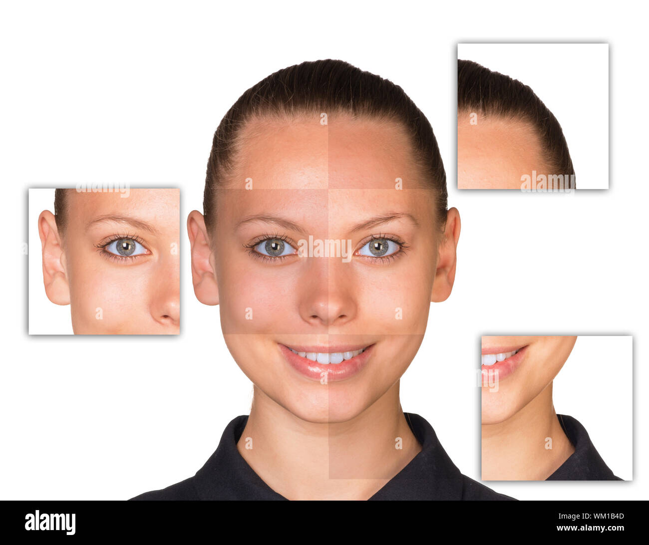 Portrait of beautiful young girl made up of parts of images ...