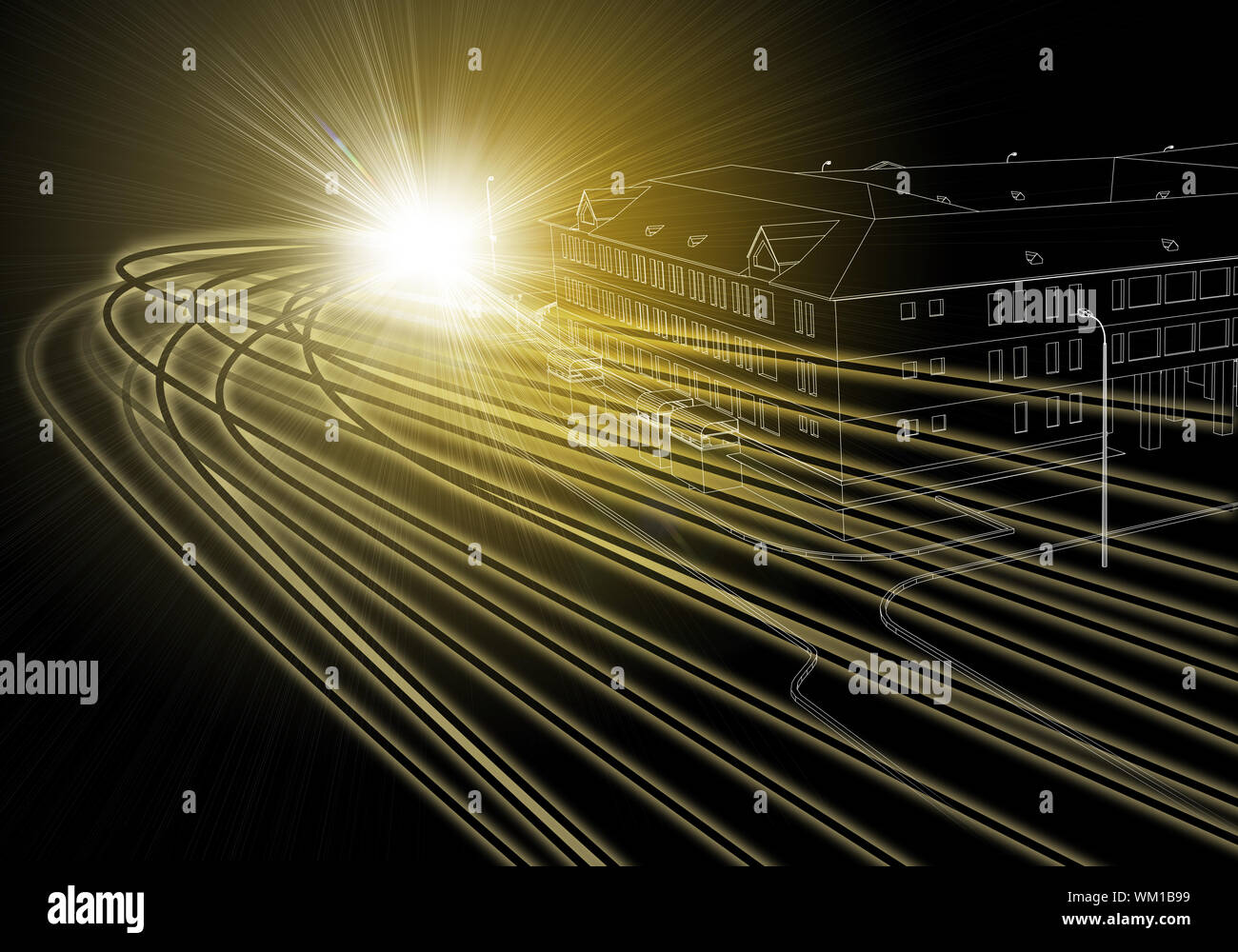 Wire-frame buildings with light on dark background. Construction ...