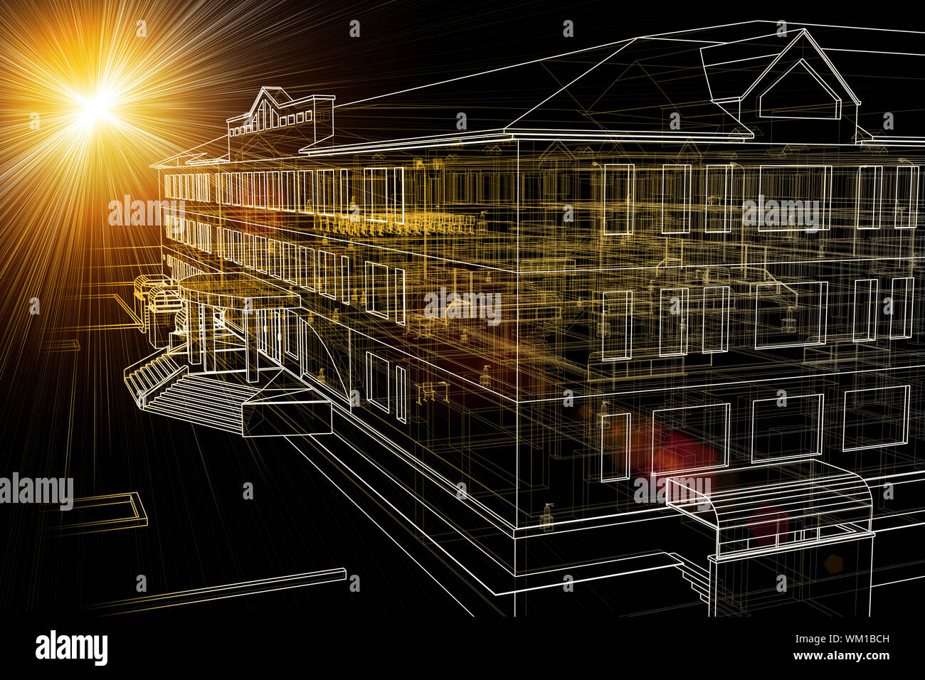 Wire-frame buildings with light on dark background. Construction ...