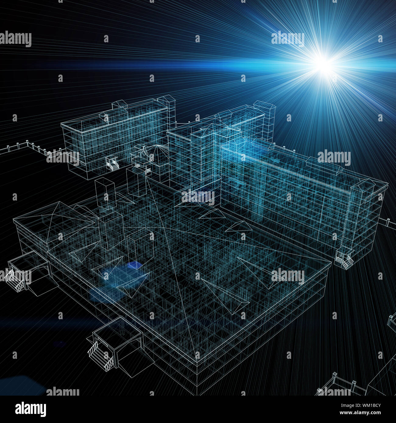 Wire-frame buildings with light on dark background. Construction ...