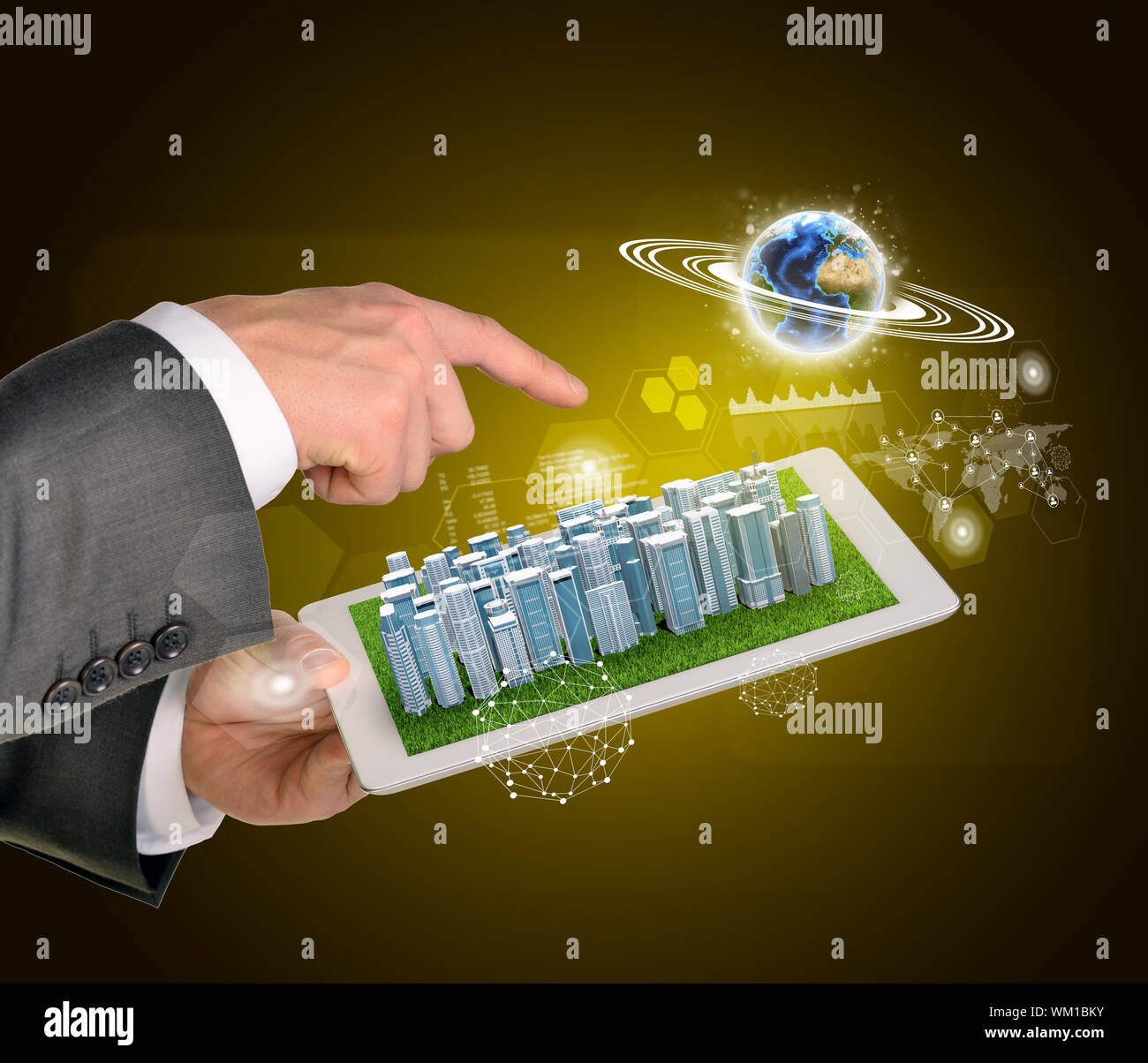 Man hands using tablet pc. Business city on touch screen. Earth near ...