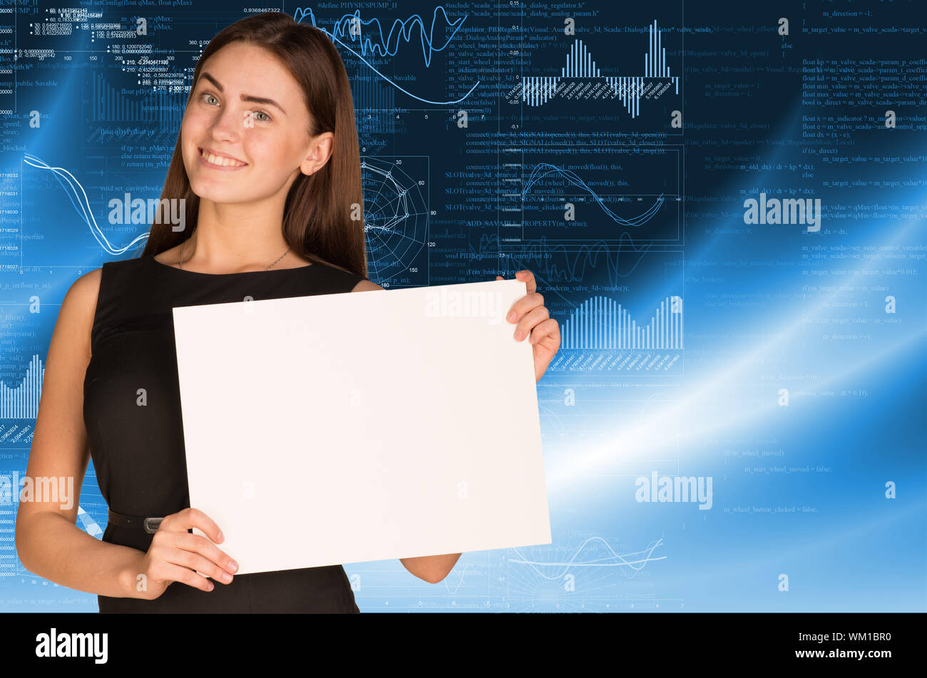 Businesswoman hold paper sheet. Graphs as backdrop Stock Photo - Alamy
