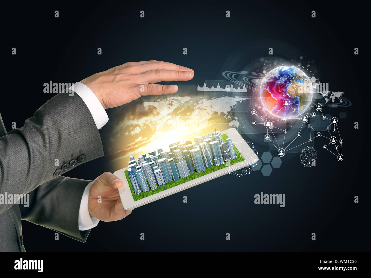 Man hands using tablet pc. Business city on touch screen. Earth with ...