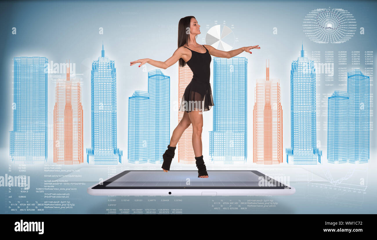Beautiful woman dancer dancing on screen of tablet pc. Wire-frame ...