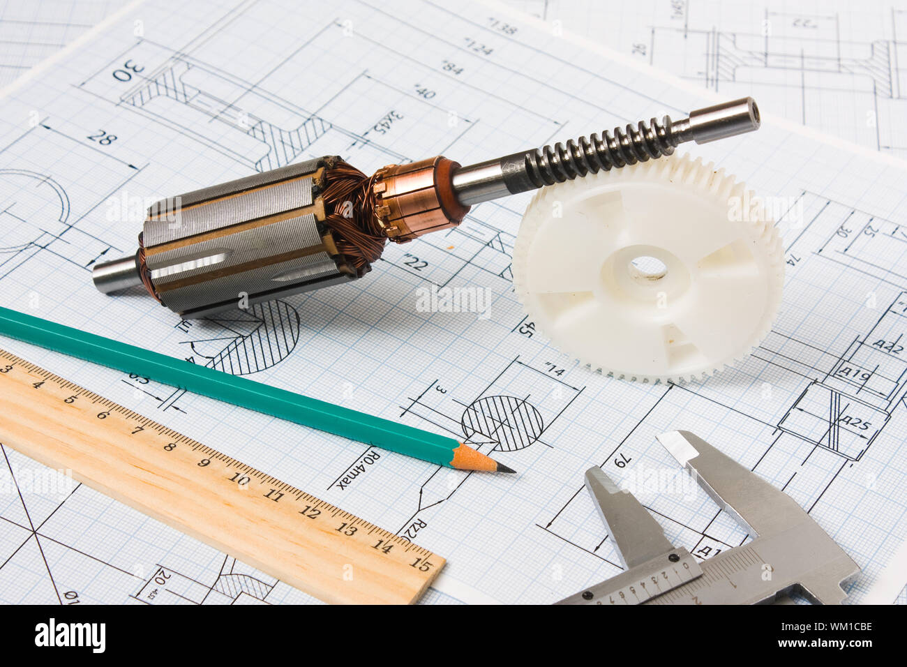 drawings of mechanisms with parts and tools Stock Photo - Alamy