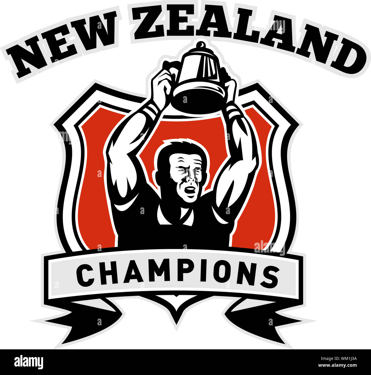 illustration of a Rugby player raising up championship cup set inside a ...