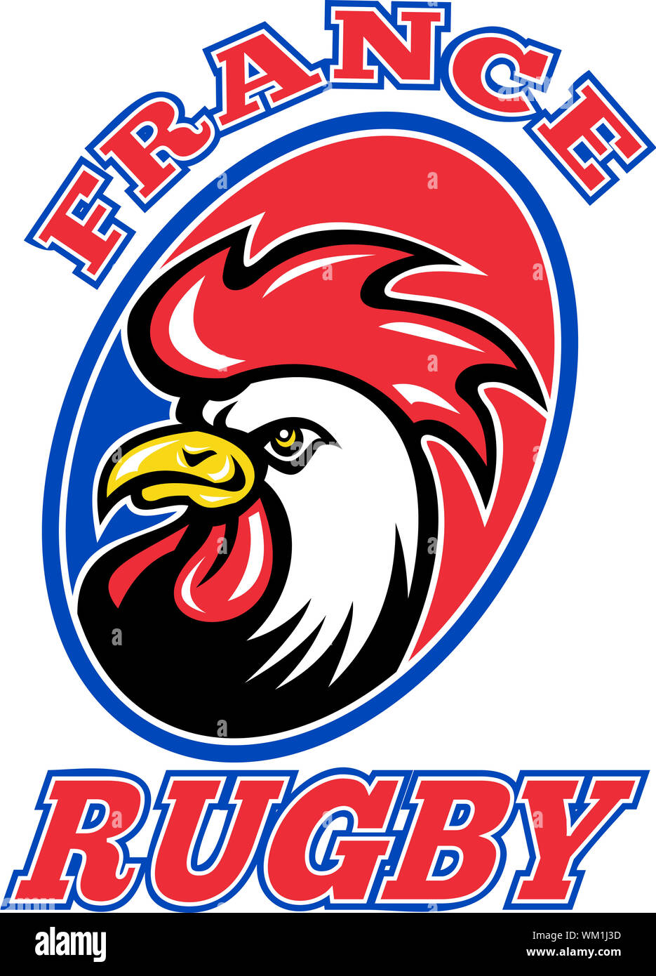 illustration of a French Rooster cockerel cock head inside a rugby ball ...