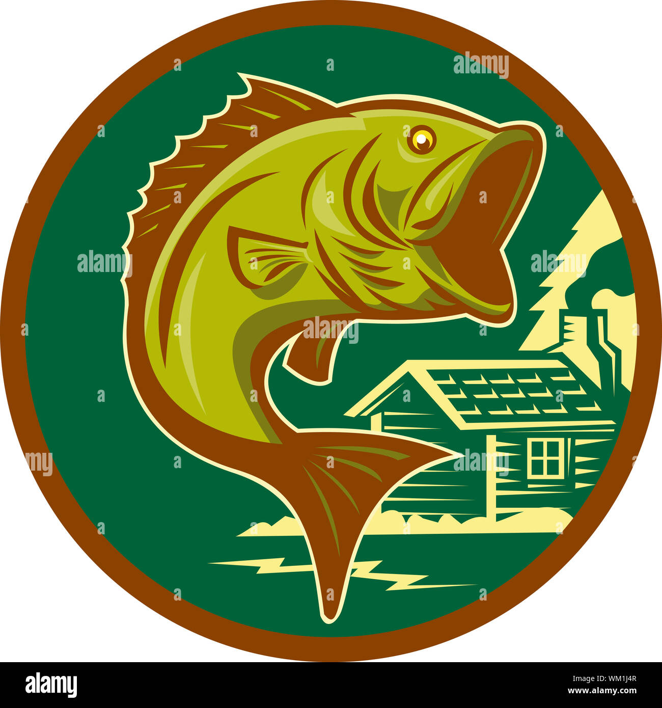 illustration of a largemouth bass fish jumping set inside circle with ...