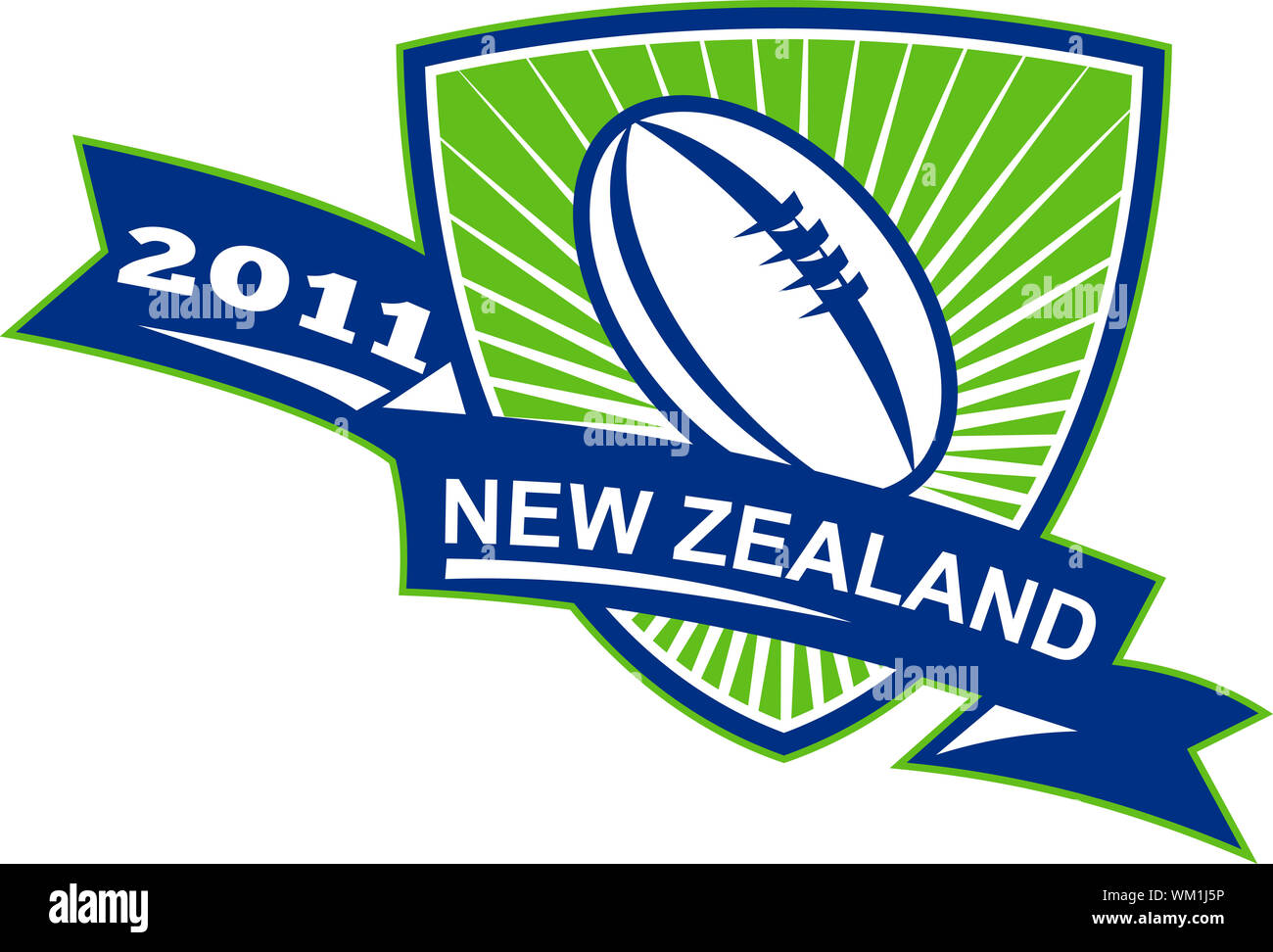illustration of a rugby ball inside shield with sunburst and words "New ...