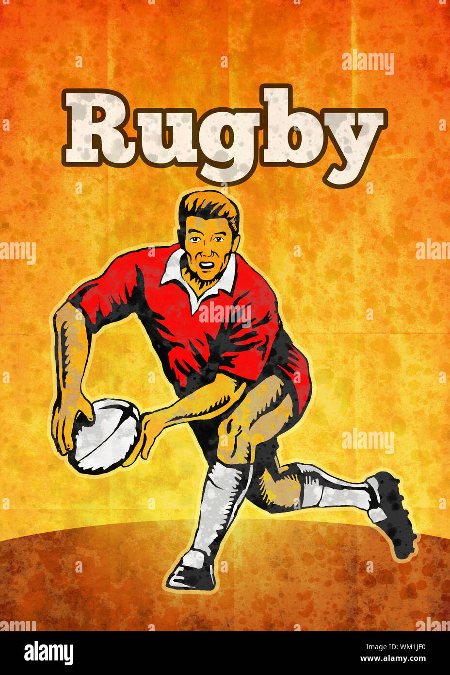 poster illustration of a rugby player running passing with ball with ...