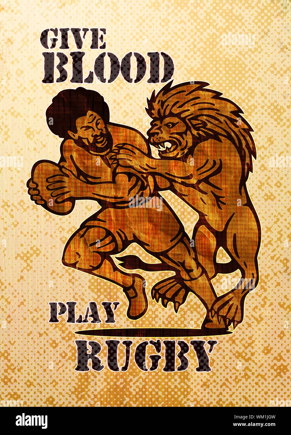 illustration of a Rugby player running with ball attack by lion with ...