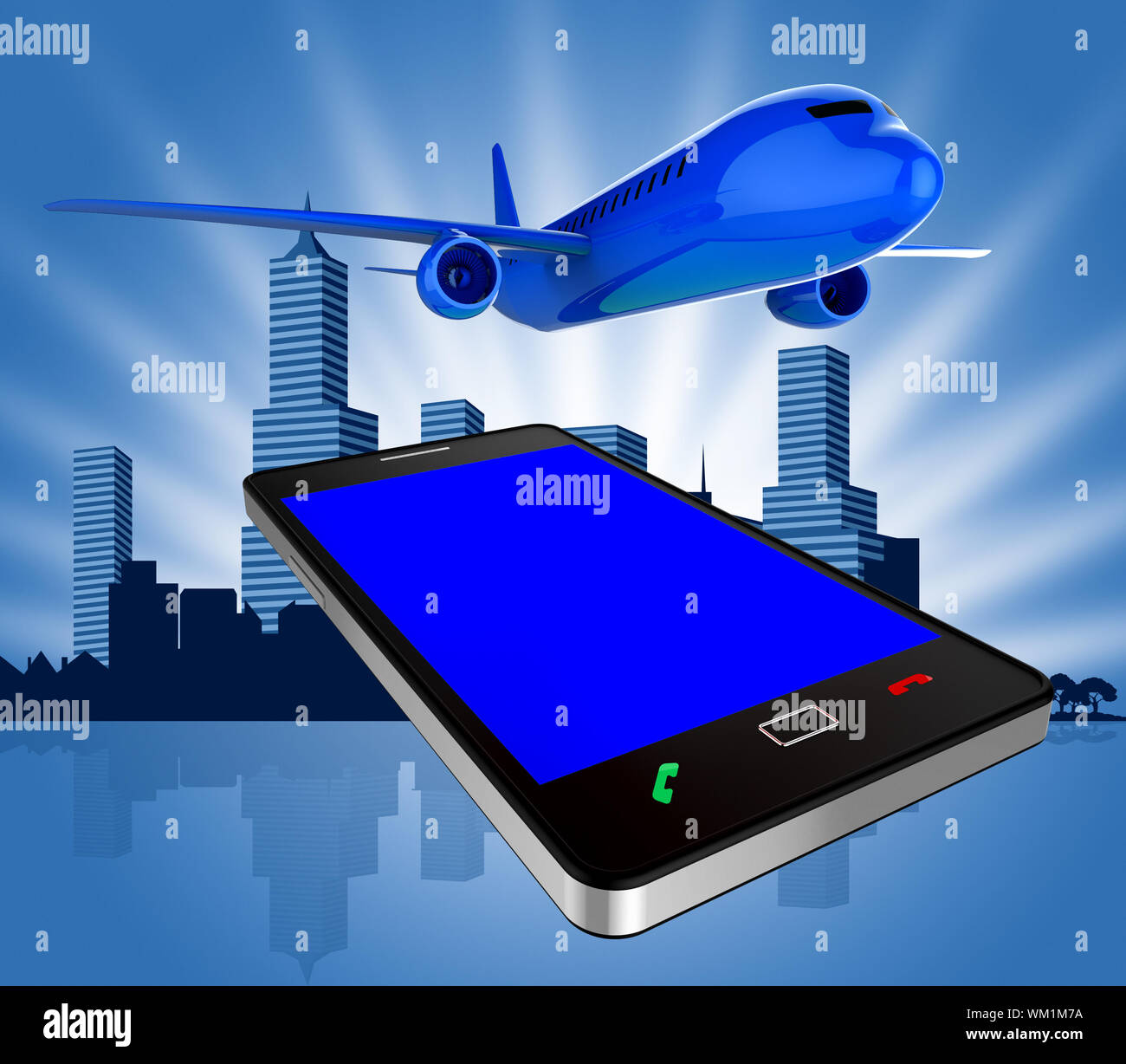 Book Flights Showing Airplane Fly And Mobile Stock Photo - Alamy