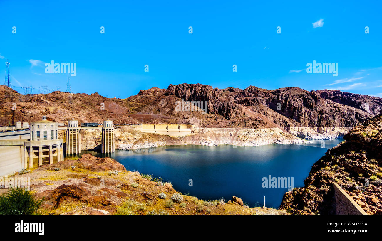 Low water level in Lake Mead at the Intake Towers that supply the water ...