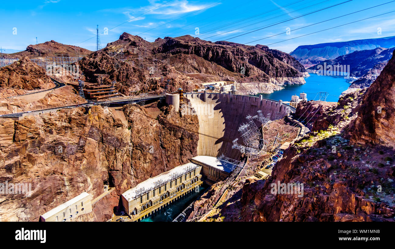 View of the Hoover Dam, a concrete arch dam in the Black Canyon of the ...