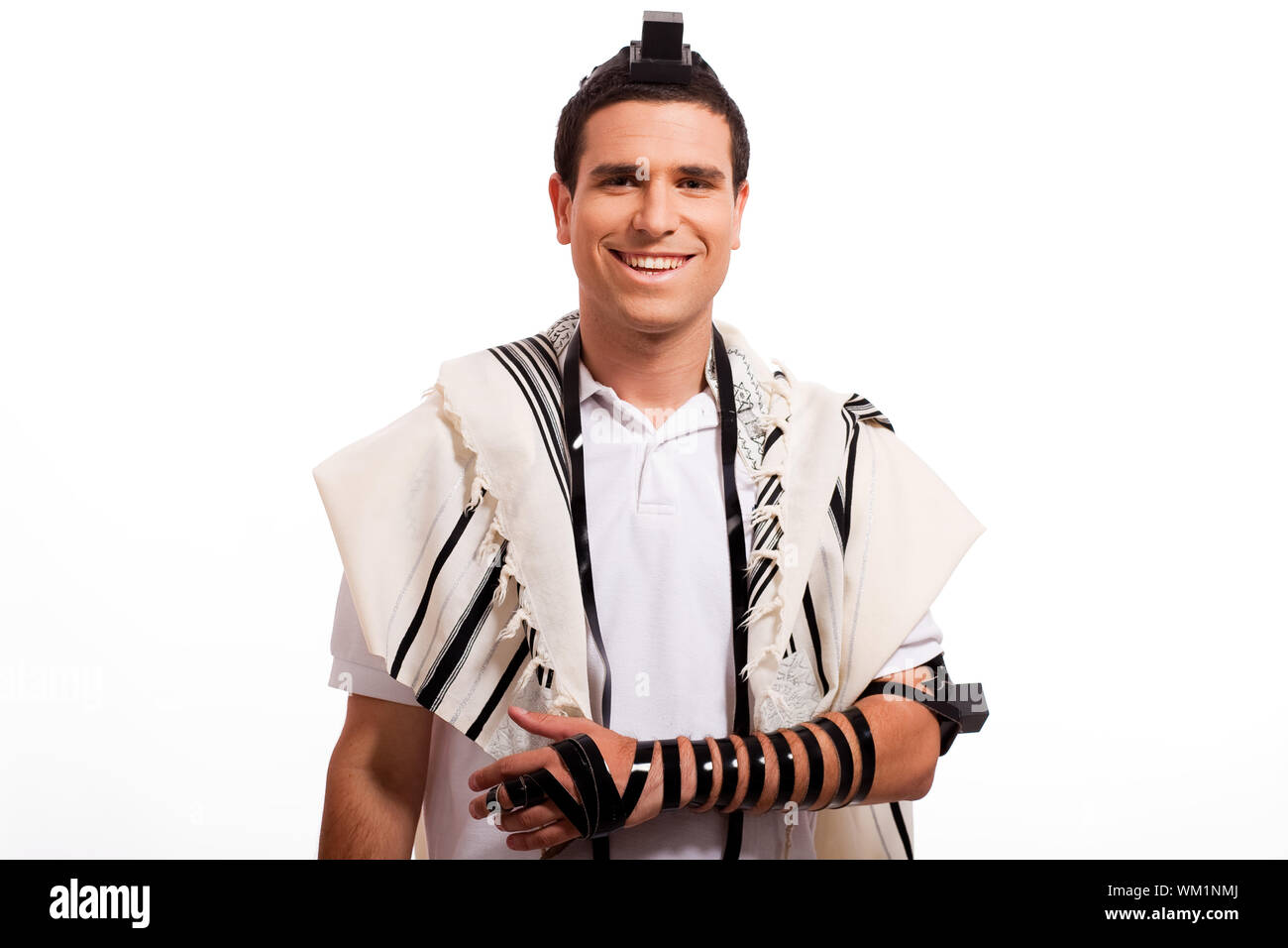 Portrait of happy jewish man smiling on a white isolated background ...