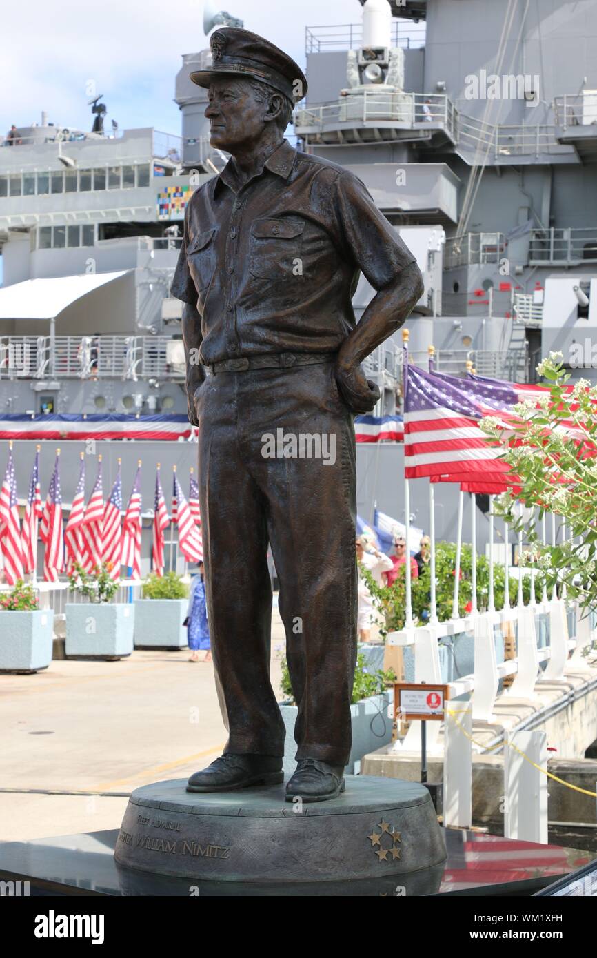 Fleet Admiral Chester W. Nimitz Statue in front of the USS Missouri in ...