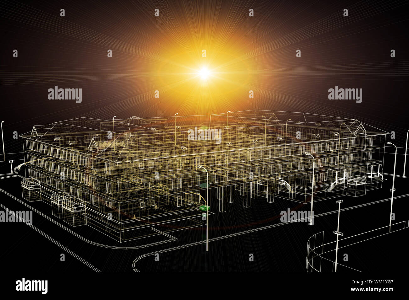 Wire-frame buildings with light on dark background. Construction ...