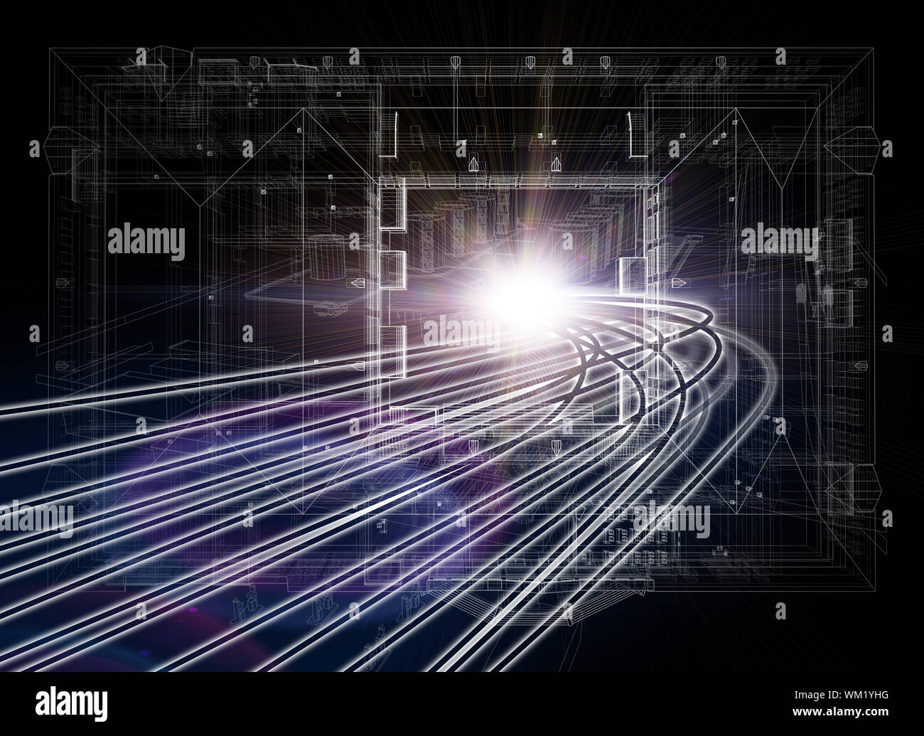 Wire-frame buildings with light on dark background. Construction ...