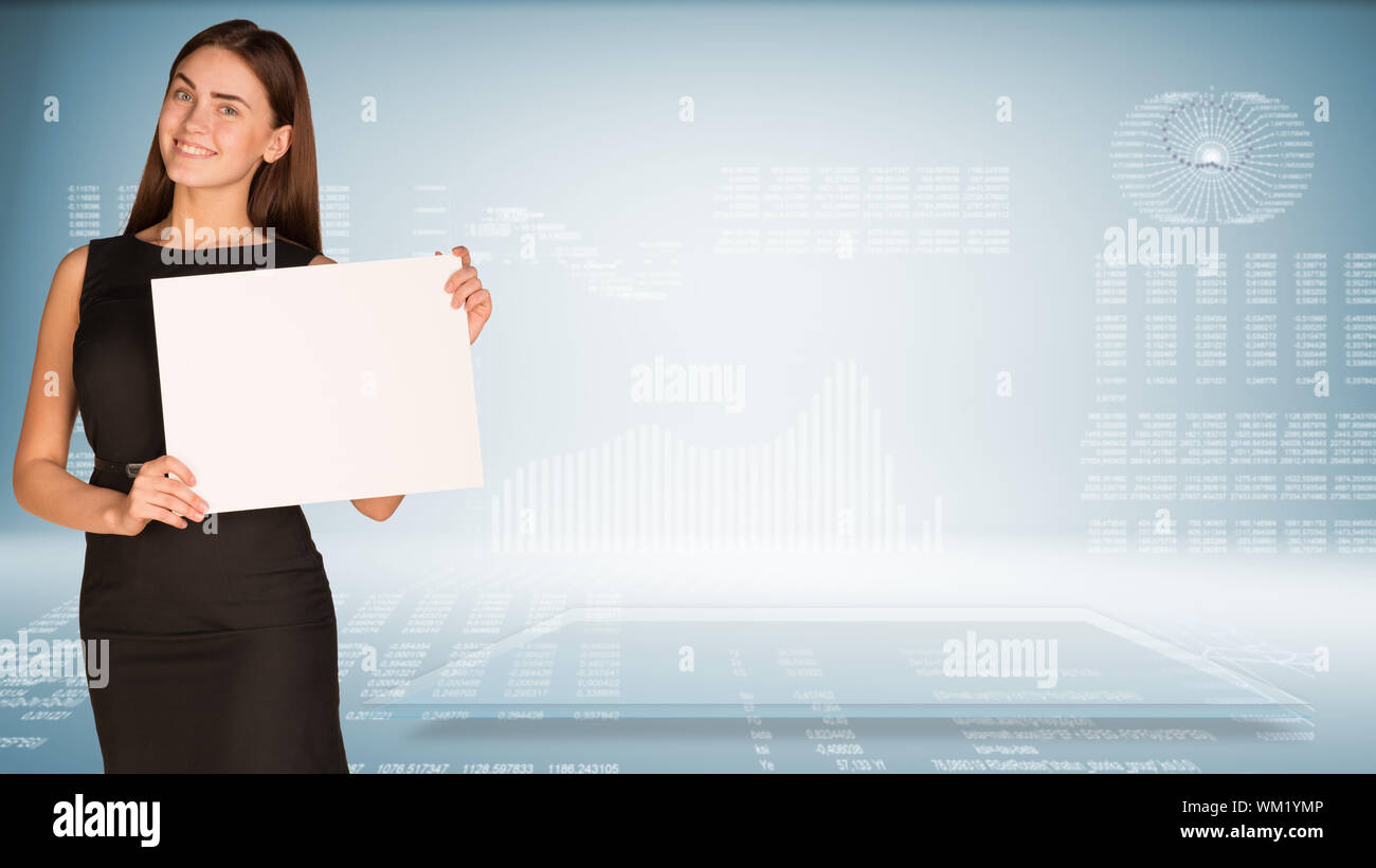 Businesswoman hold paper sheet. Graphs as backdrop Stock Photo - Alamy