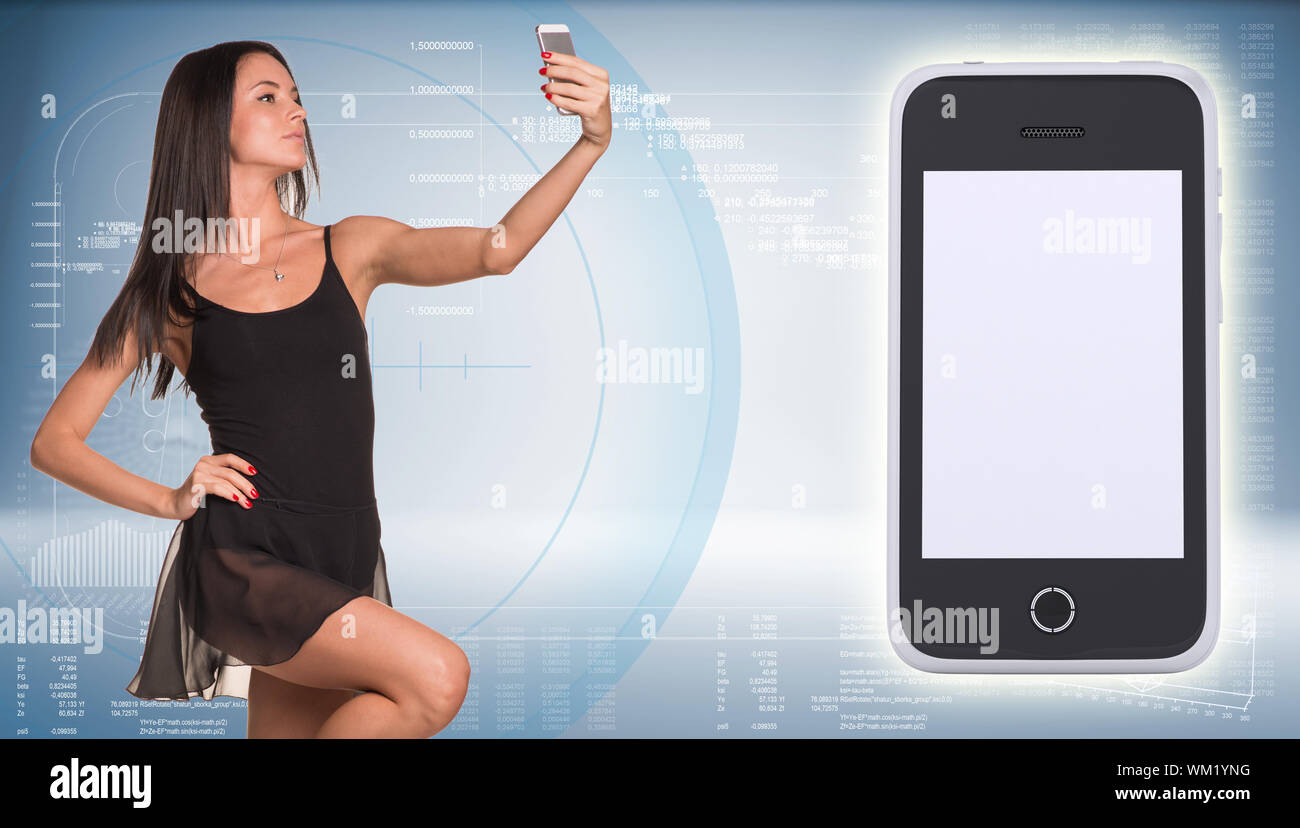 Beautiful dancer makes selfie from your mobile phone. Hi-tech graphs as ...