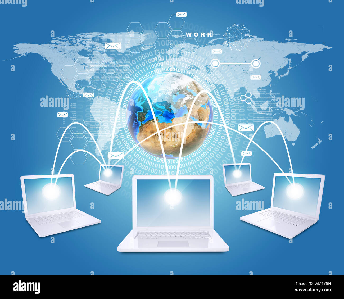 White laptops are connected to network. Earth, world map and figures on ...