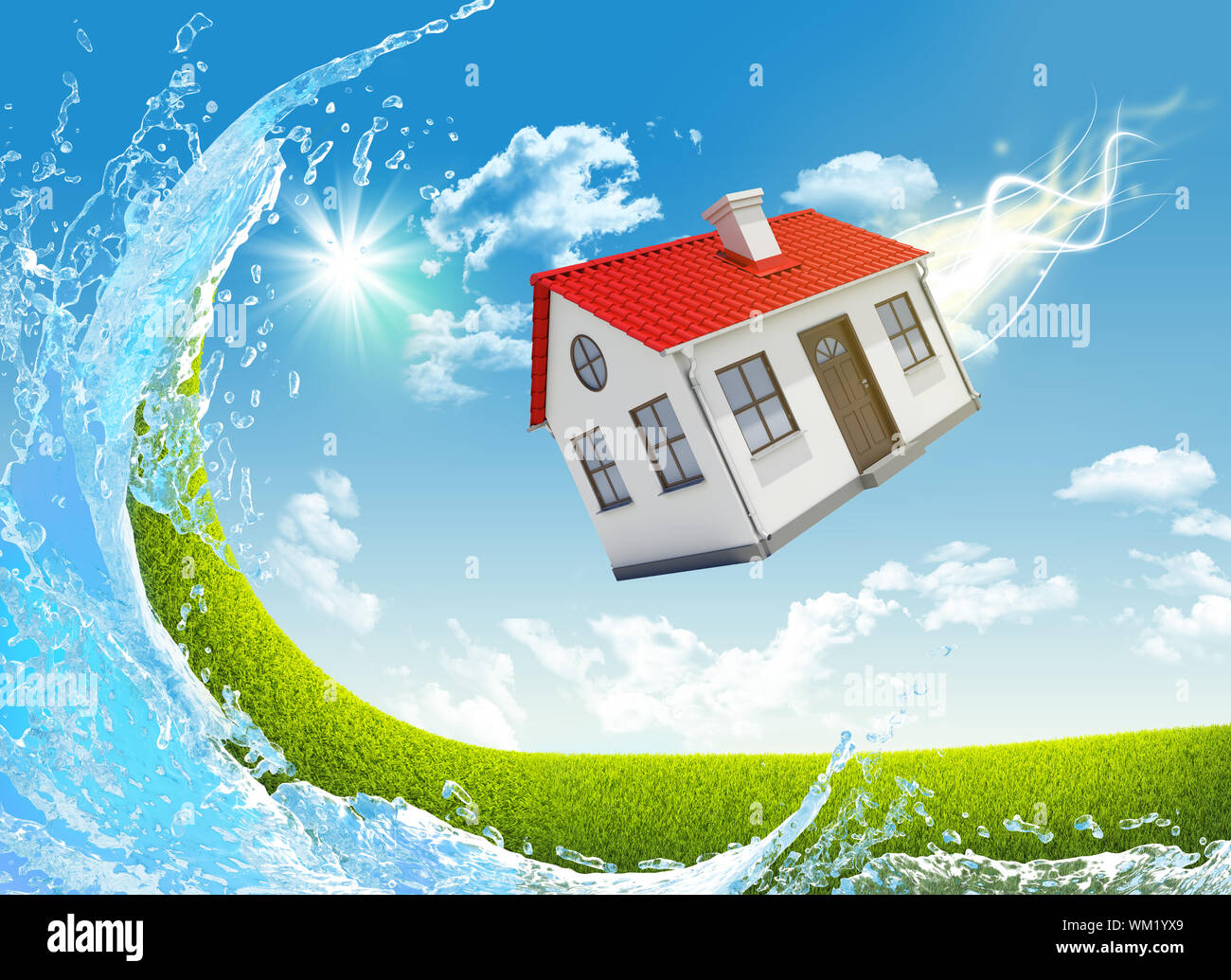 House is falling from the sky. Some smear from home. Nature landscape ...