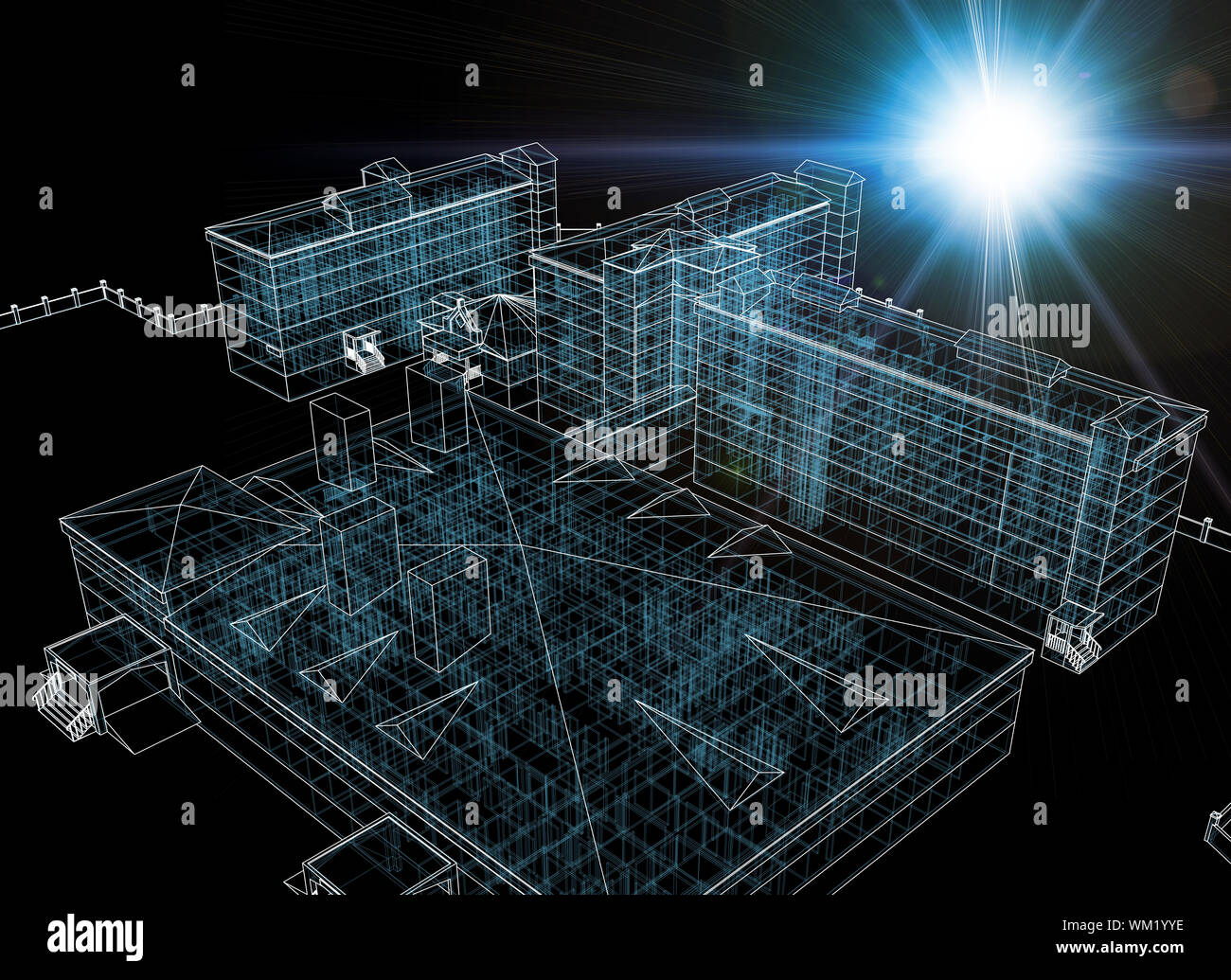 Wire-frame buildings with light on dark background. Construction ...