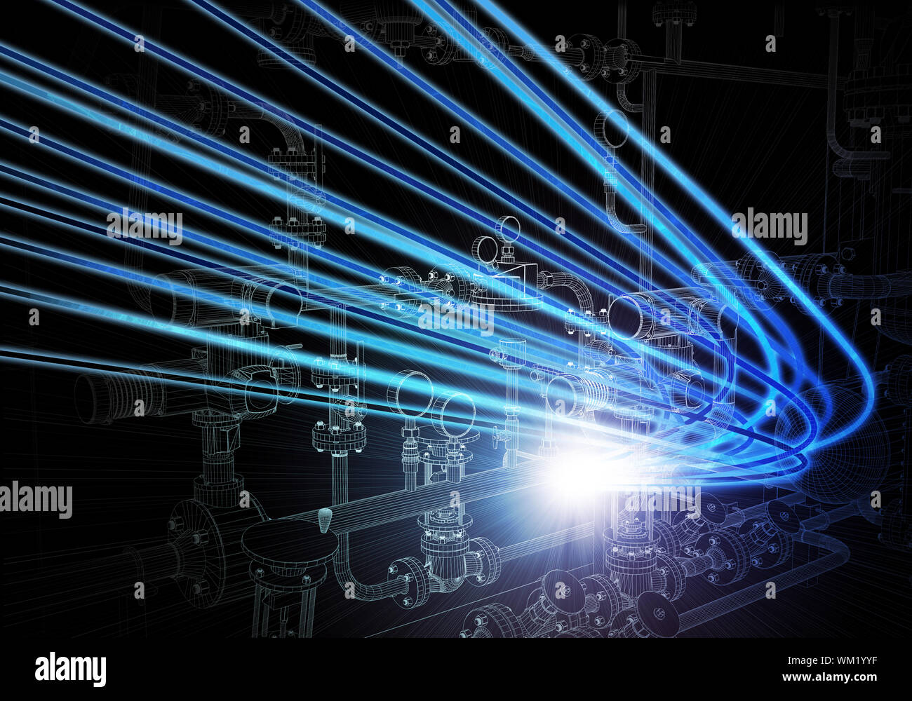 Wire-frame industrial equipment. Bright light and dark background ...