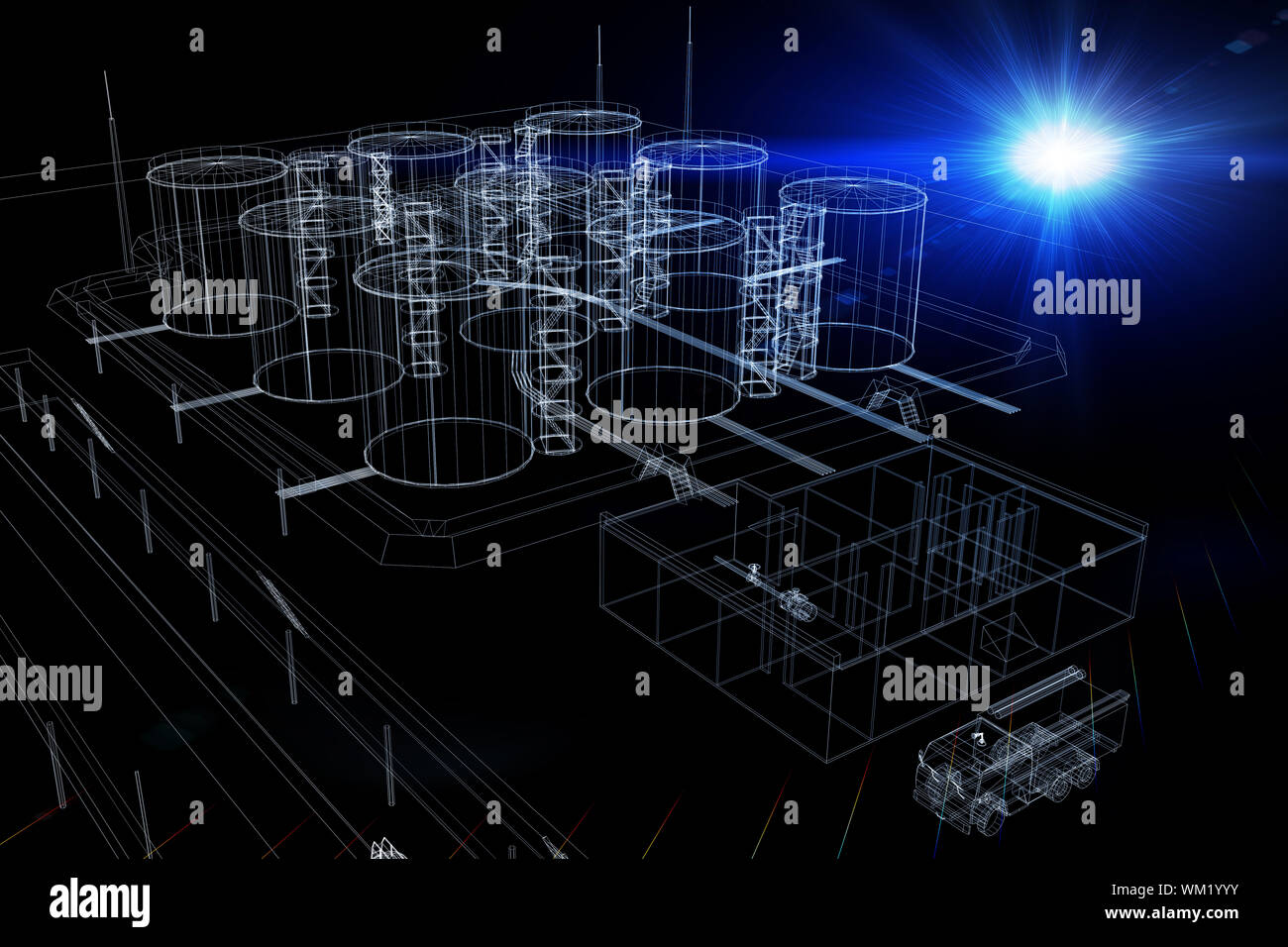 Wire-frame industrial tanks with light on dark background. Industrial ...