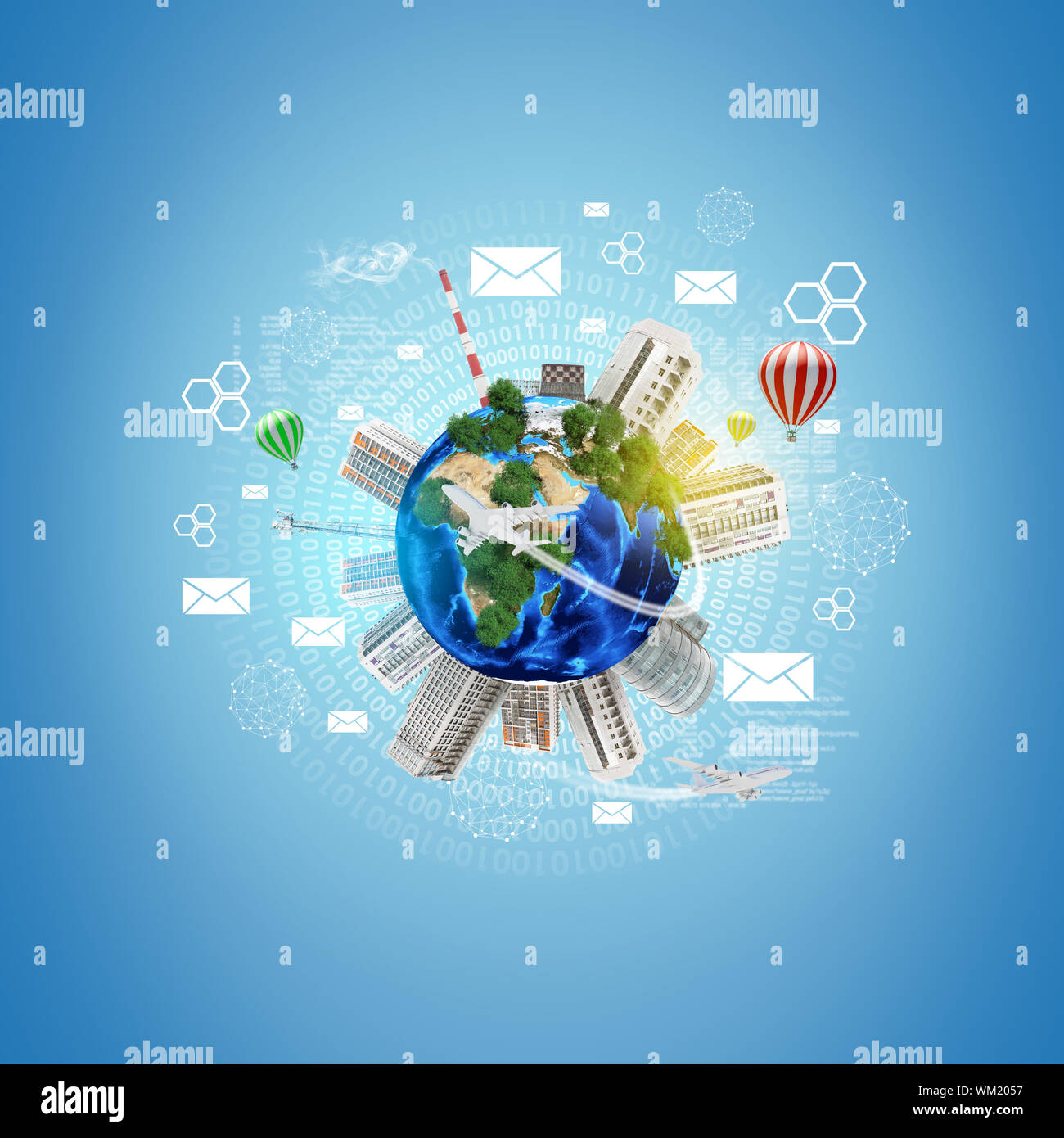Earth with skyscrapers and trees. Air balloons, airplanes and figures ...