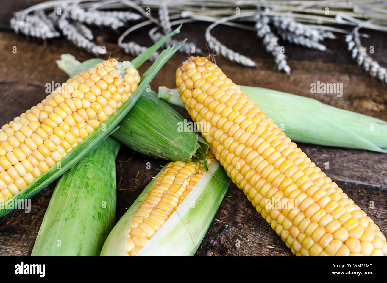 Raw corn on wood table with wheat Stock Photo - Alamy