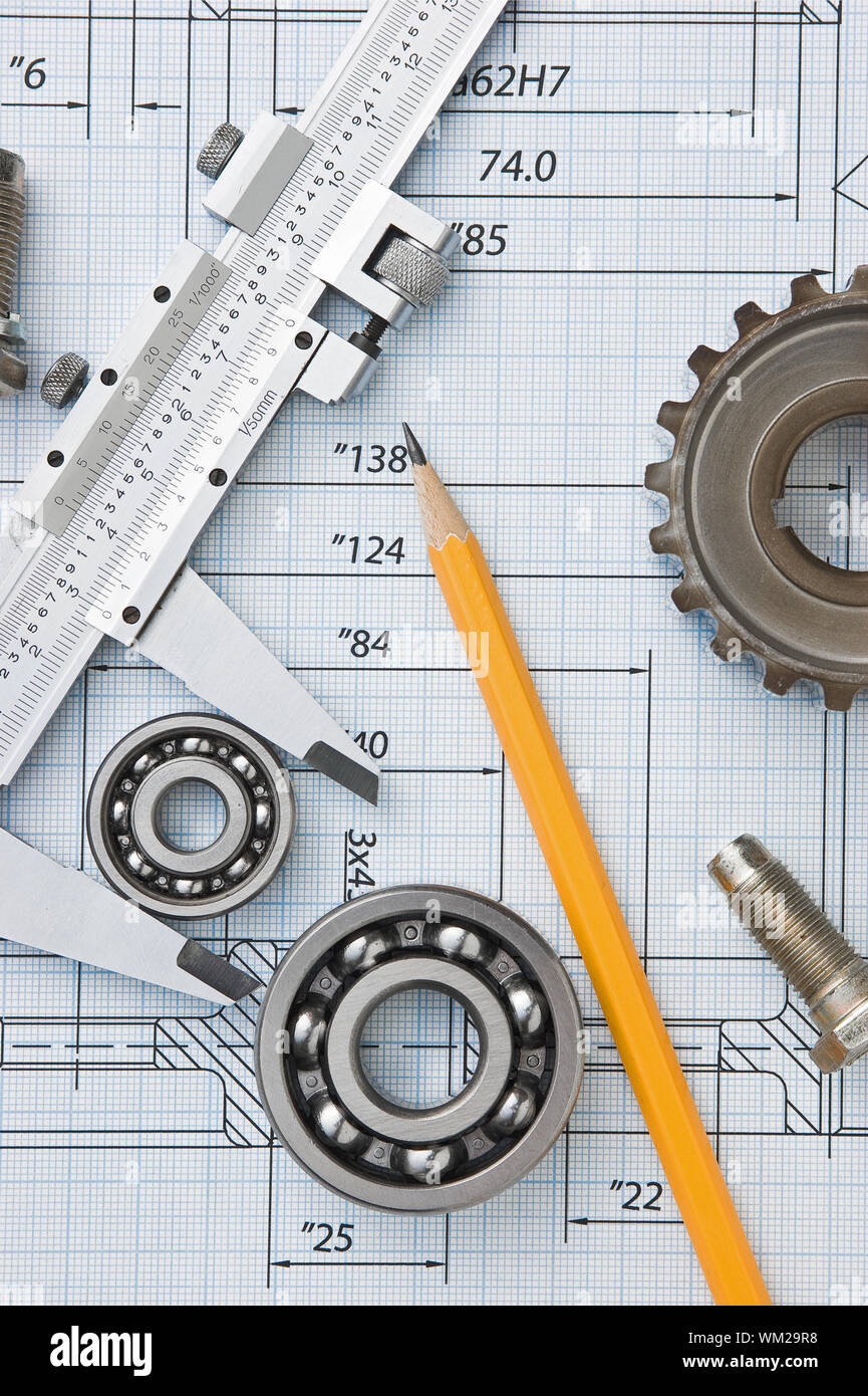 tools and mechanisms detail on the background of technical drawings ...