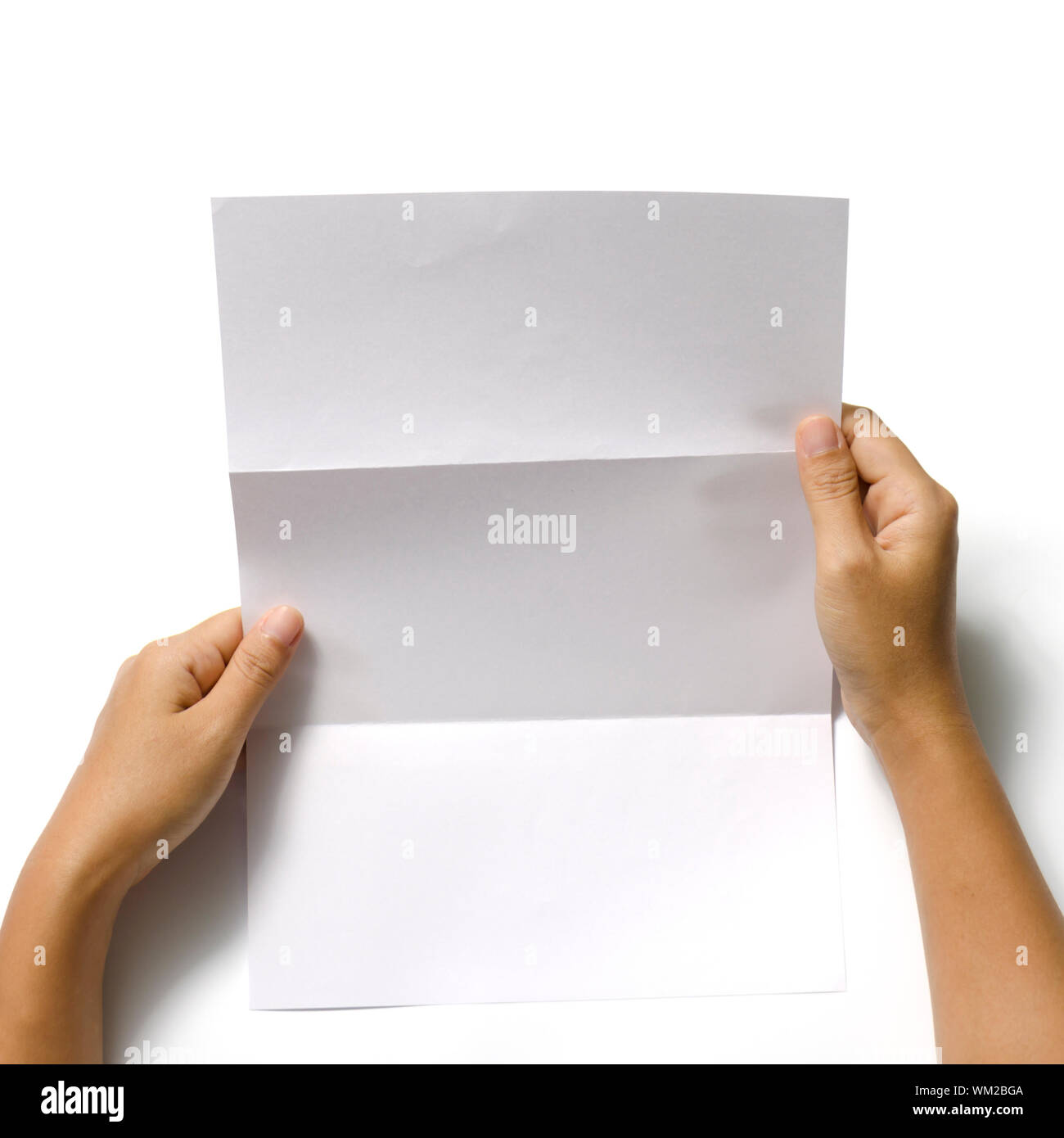 woman two hands holding blank paper a4 size on a white background Stock ...