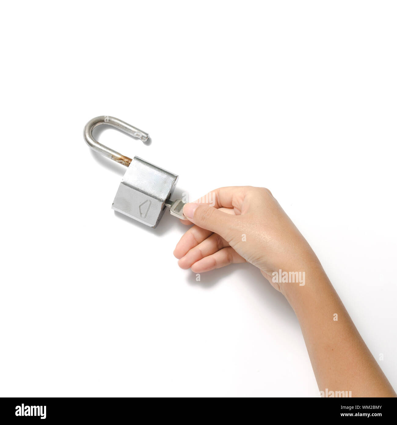 woman hand open padlock with key on a white background Stock Photo - Alamy