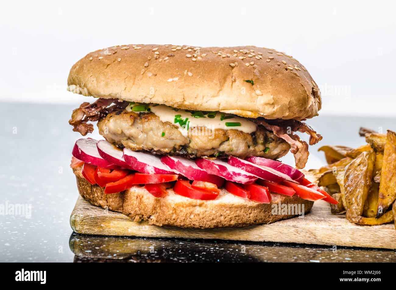 Chicken burger - minced chicken, bacon, paprika, radish and herb ...