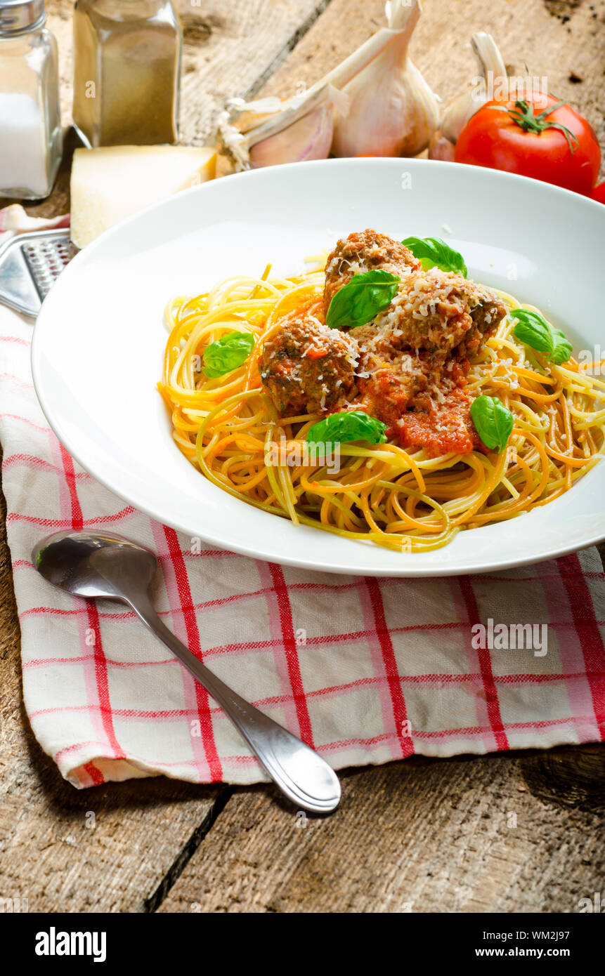 New York meatballs pasta, tomato sauce, all bio food from garden Stock ...