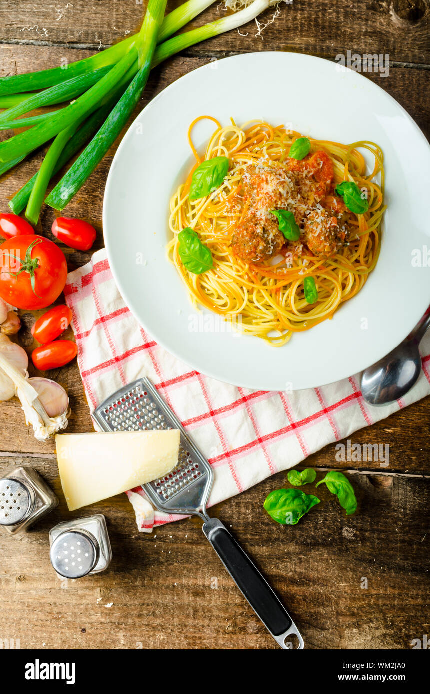 New York meatballs pasta, tomato sauce, all bio food from garden Stock ...