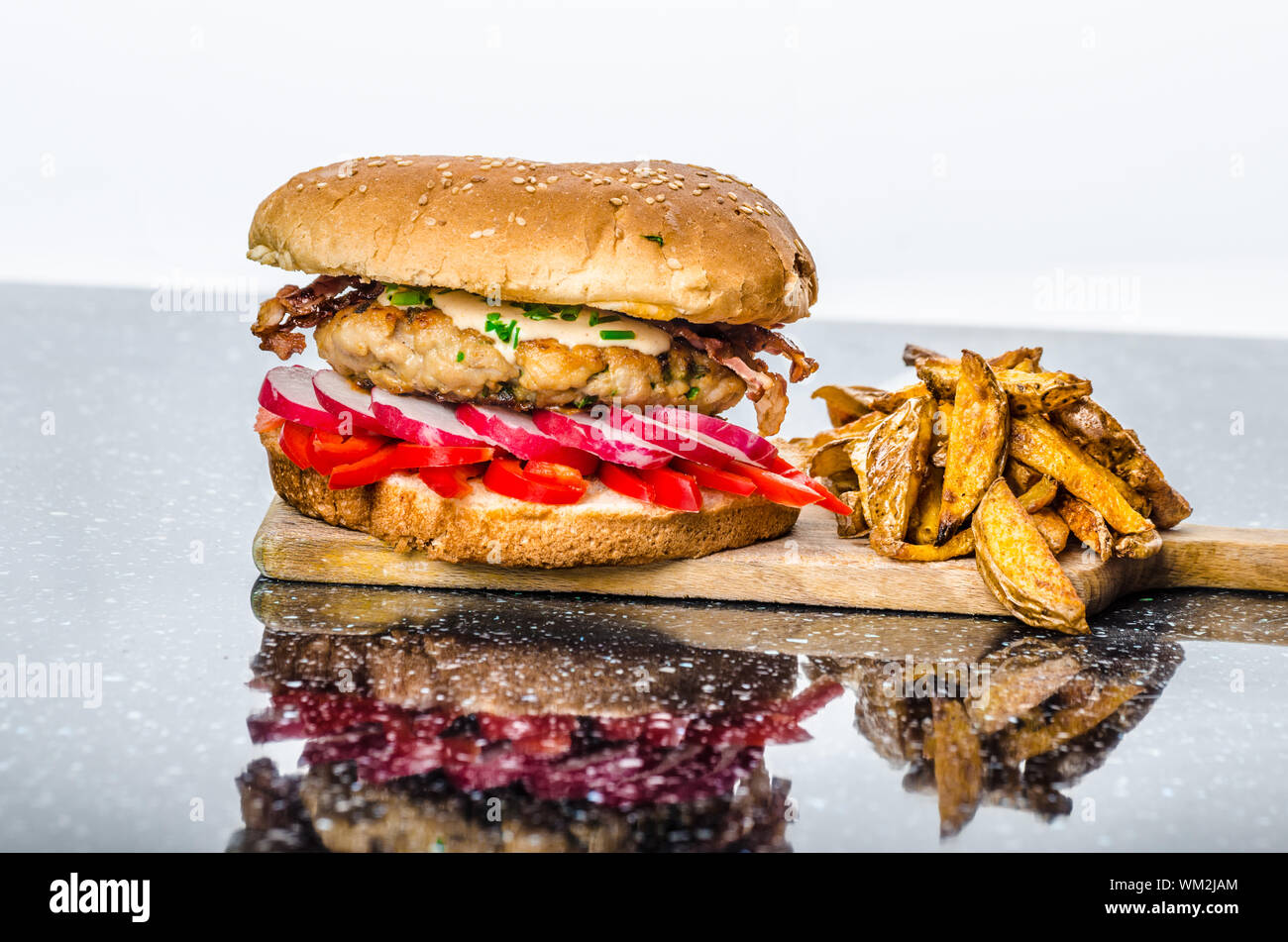 Chicken burger - minced chicken, bacon, paprika, radish and herb ...