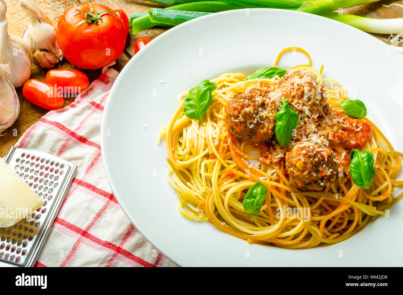 New York meatballs pasta, tomato sauce, all bio food from garden Stock ...