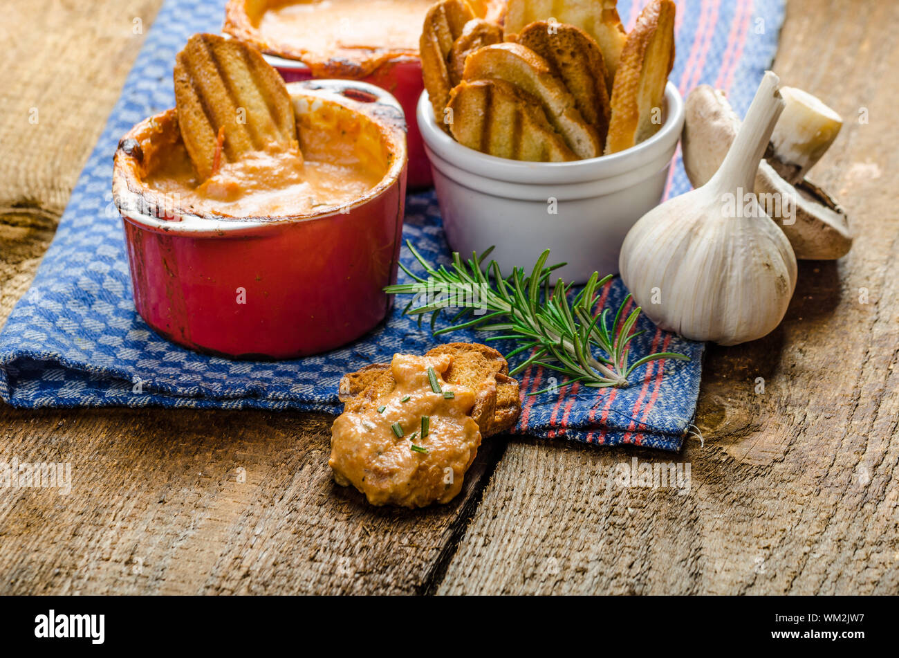 Tomato and cheese dip baked with crispy garlic panini toast with herbs ...