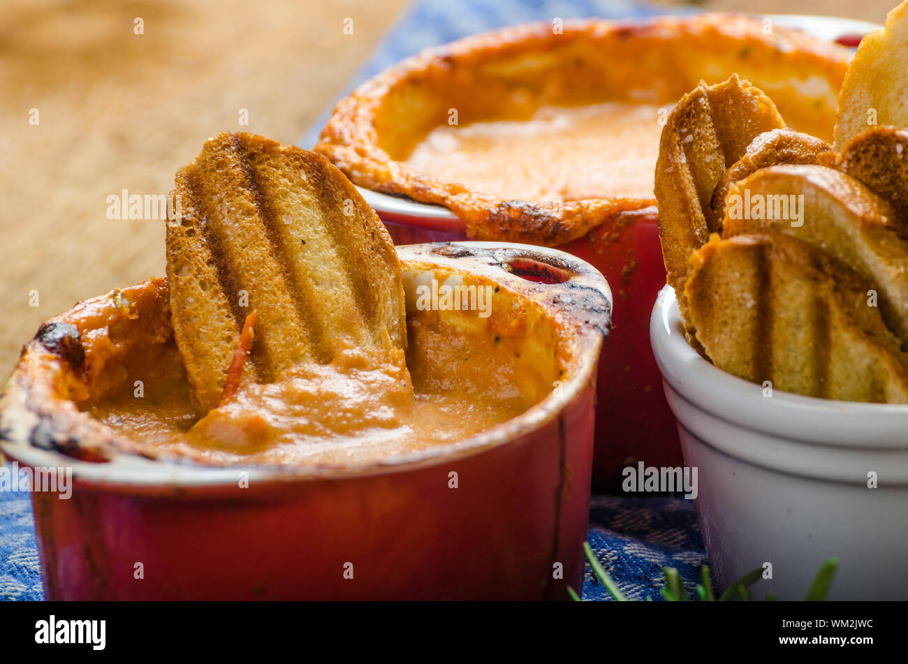 Tomato and cheese dip baked with crispy garlic panini toast with herbs ...