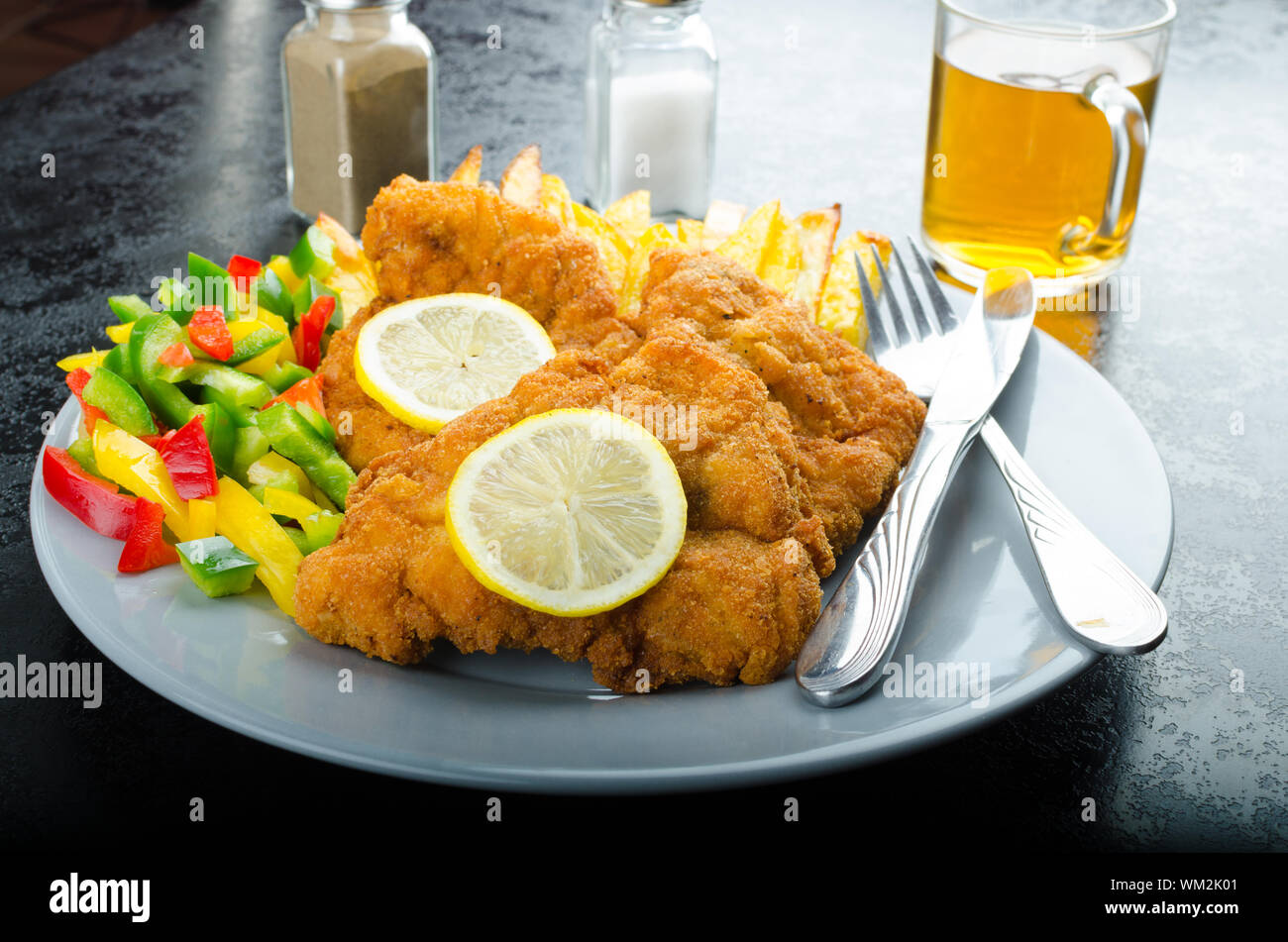 Schnitzel with french fries, homemade, platter, czech beer, vegetable ...