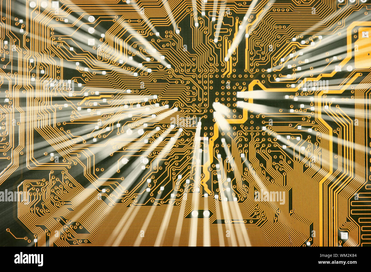 Background from electronic golden circuit board close up with shine ...