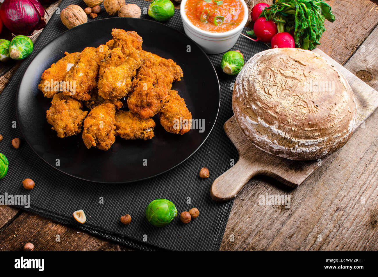 Spicy breaded chicken wings with homemade bread, all homemade Stock ...