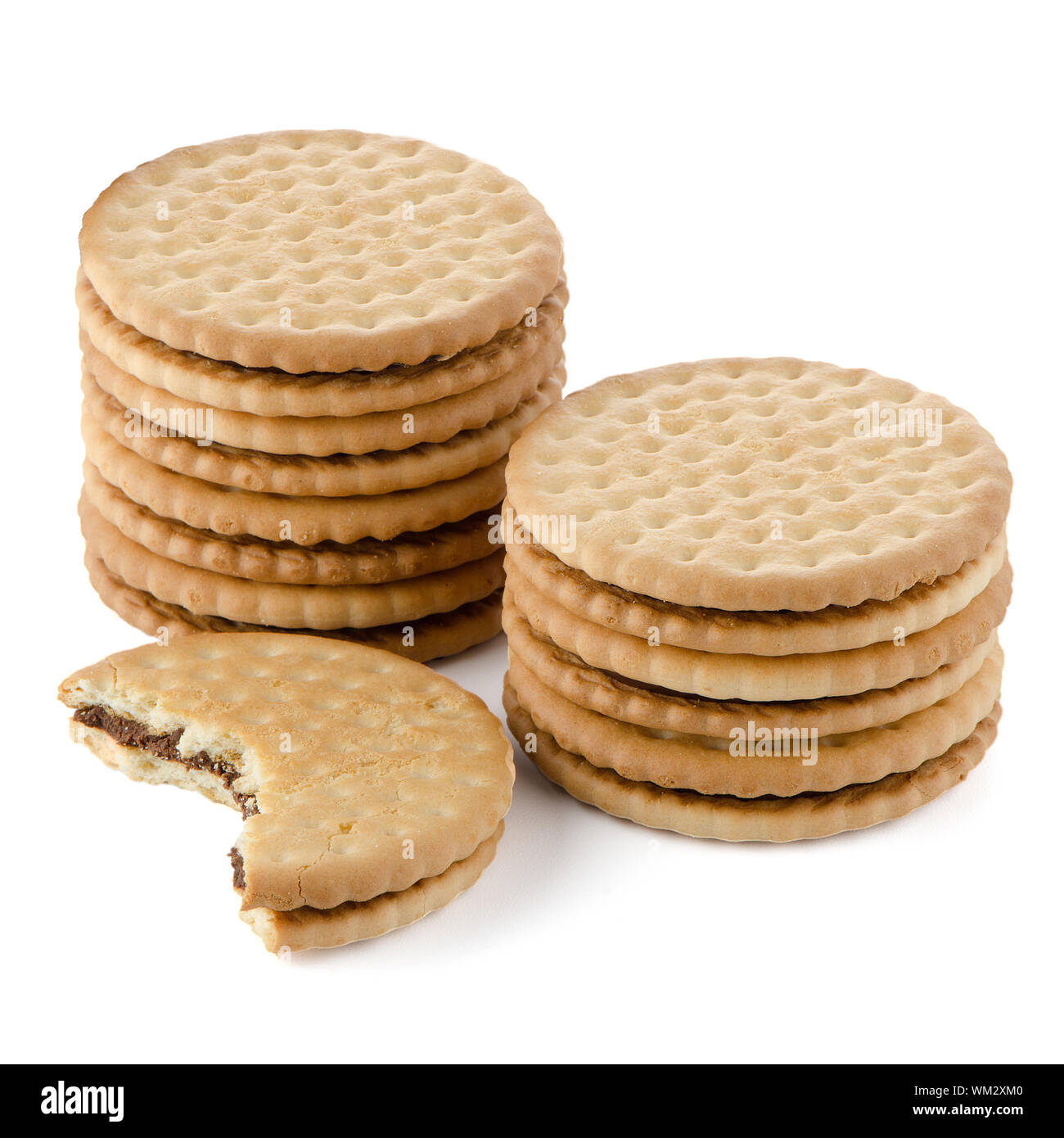 Sandwich biscuits with chocolate filling on a white background Stock ...