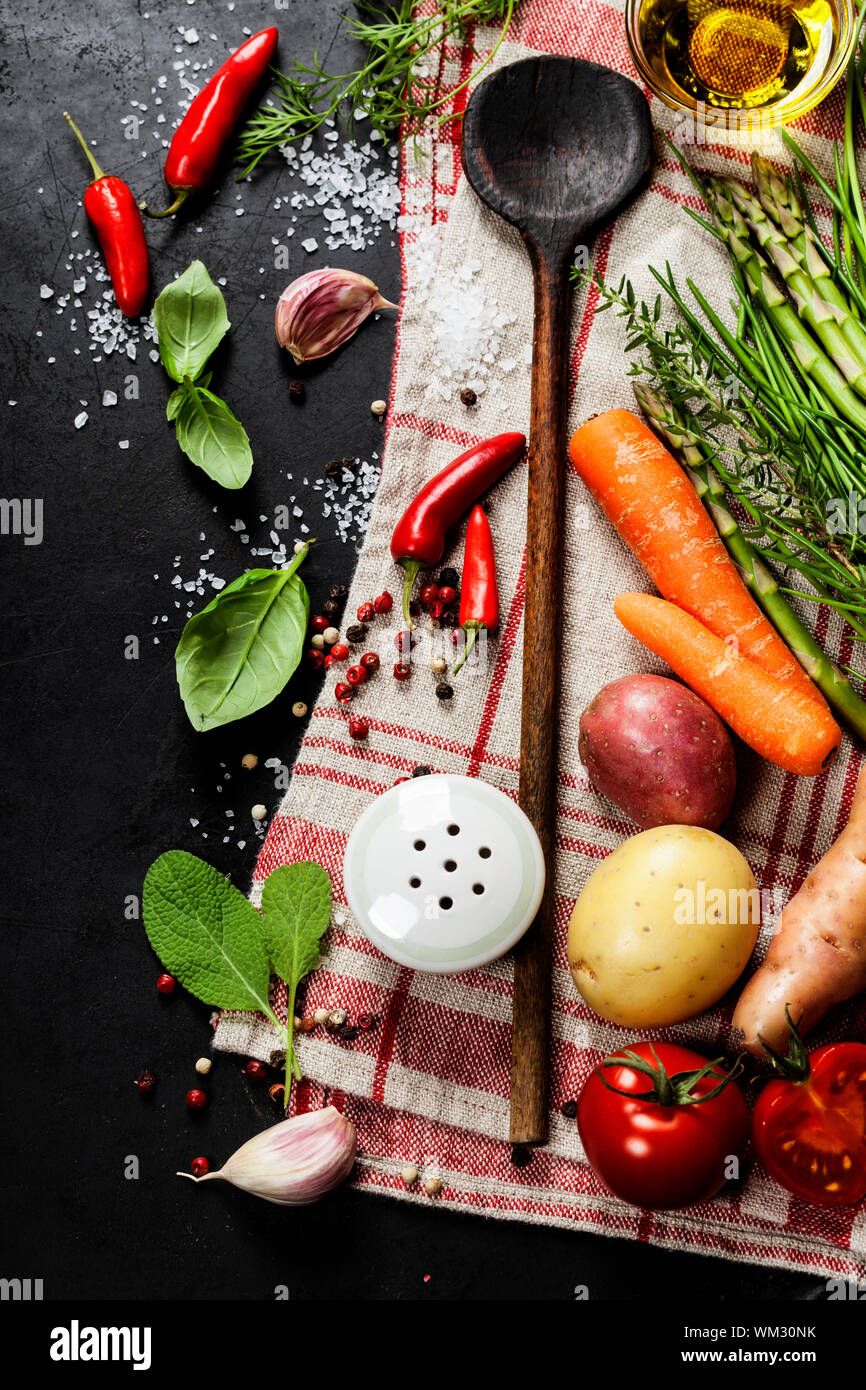 Wooden spoon and ingredients Stock Photo - Alamy