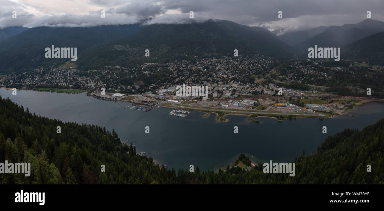 Beautiful Panoramic View of a small Town, Nelson, during a dark and ...
