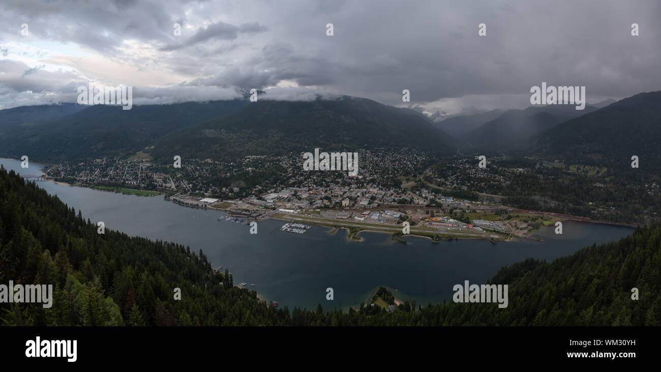 Beautiful Panoramic View of a small Town, Nelson, during a dark and ...