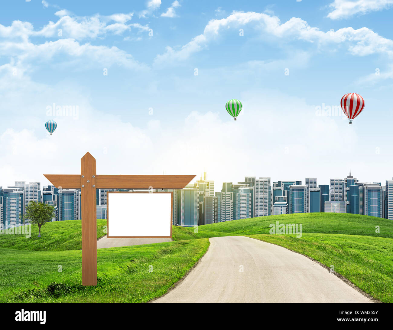 Tall buildings, green hills and road with wooden signboard against sky ...
