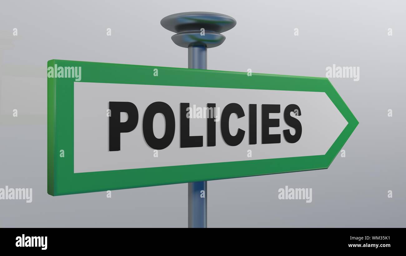 POLICIES green street arrow sign - 3D rendering illustration Stock ...